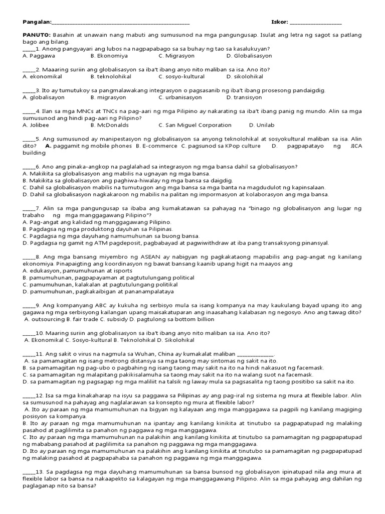 Summative Test AP 10 2nd Quarter | PDF