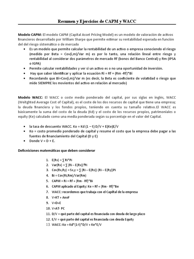 Resumen y Ejercicios CAPM y WACC | PDF | Modelo de fijación de precios de activos de capital ...