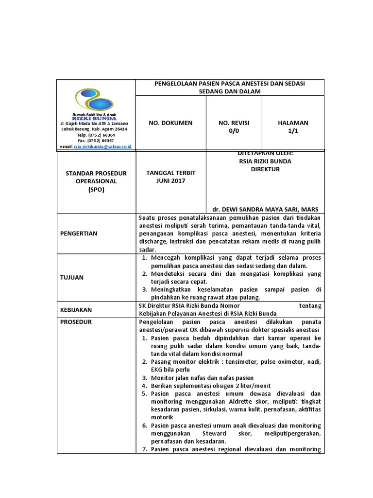 Spo Pengelolaan Pasien Pasca Anestesi Dan Sedasi (R) | PDF