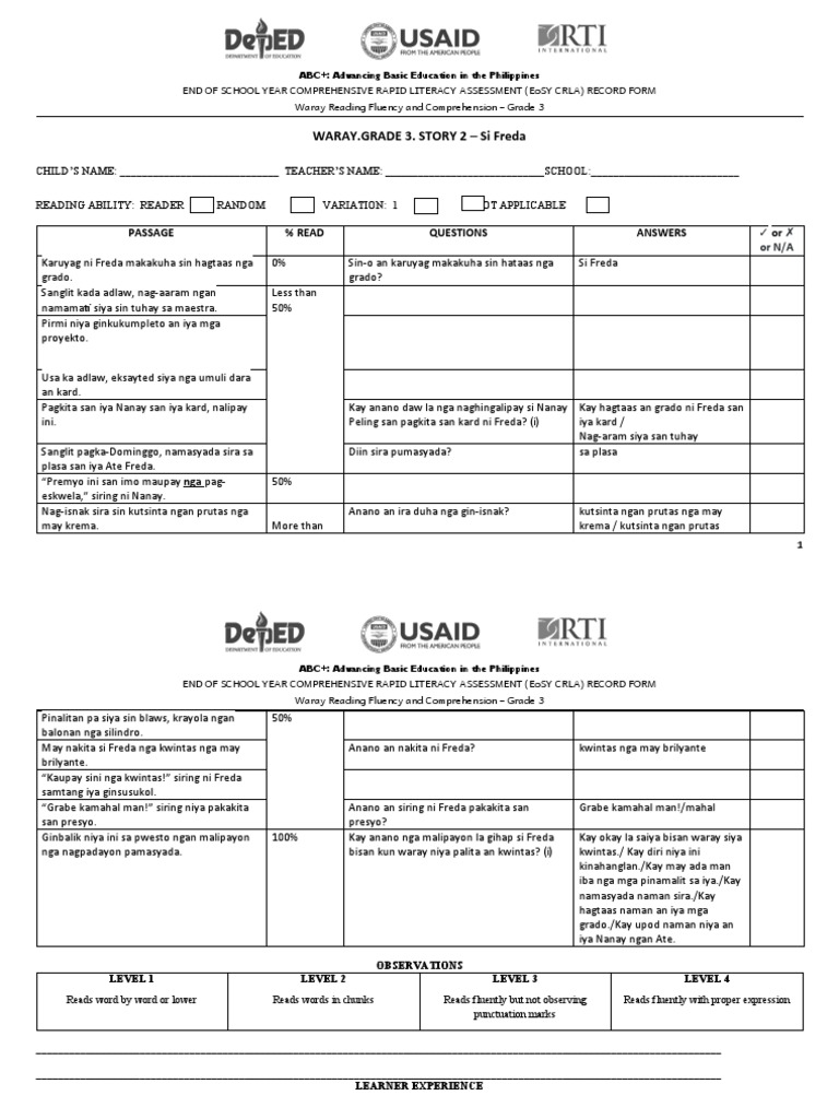 Waray - G3.S2. Reading Fluency and comprehension | PDF