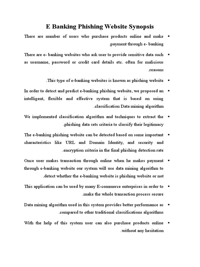 E Banking Phishing Website Synopsis | PDF | Phishing | Banks & Banking