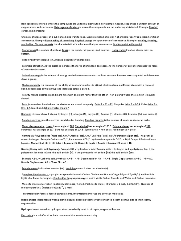 Chemistry Cheat Sheet | PDF | Chemical Polarity | Ion