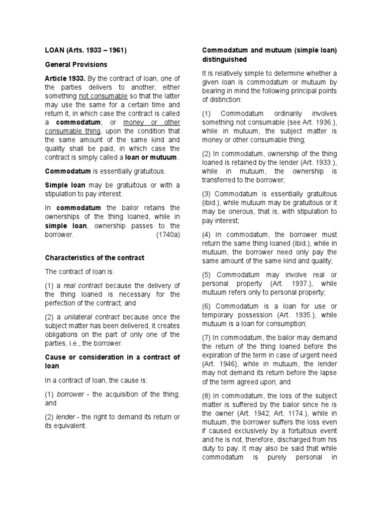 Understanding Loan Contracts: Commodatum vs. Mutuum | PDF | Loans ...