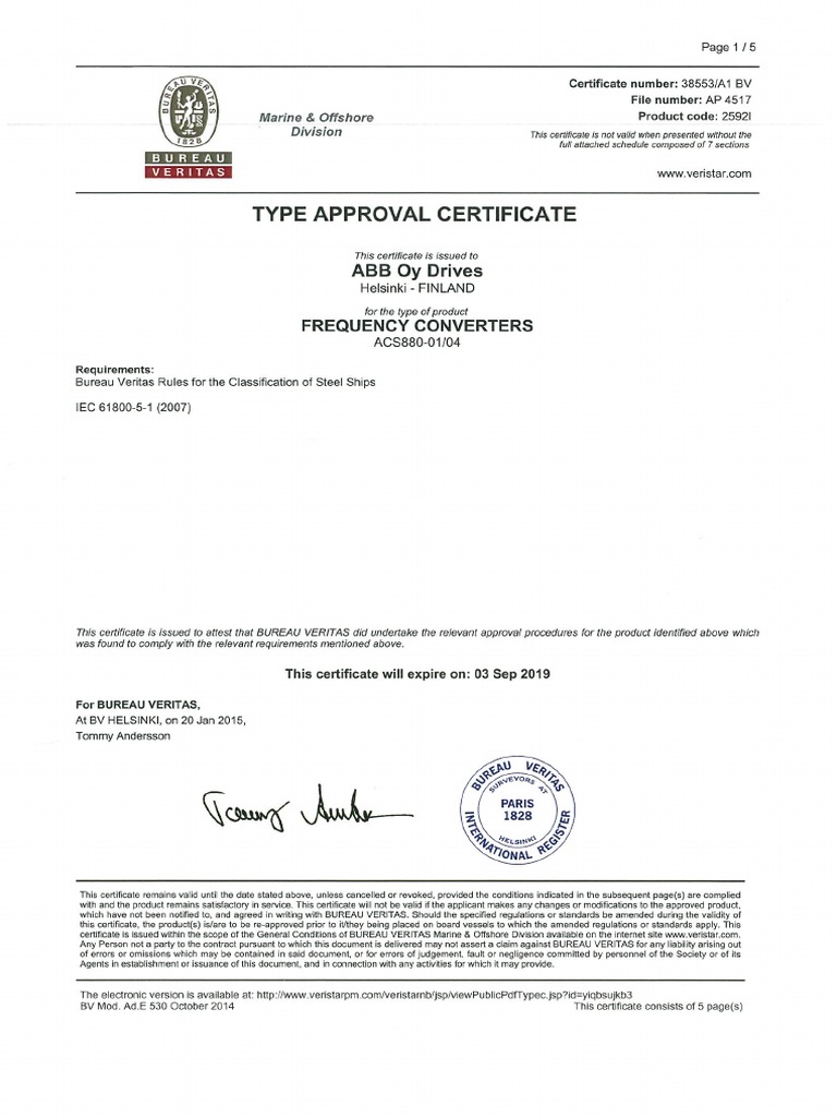 BV Certificate ACS880 01 2014 | PDF