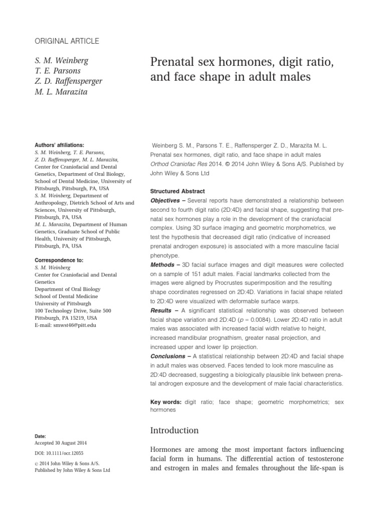 Prenatal sex hormones, digit ratio, and face shape in adult males | PDF