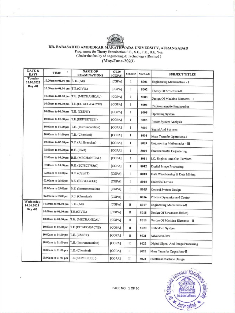 Engineering Time Table June 2023 12 Revised | PDF
