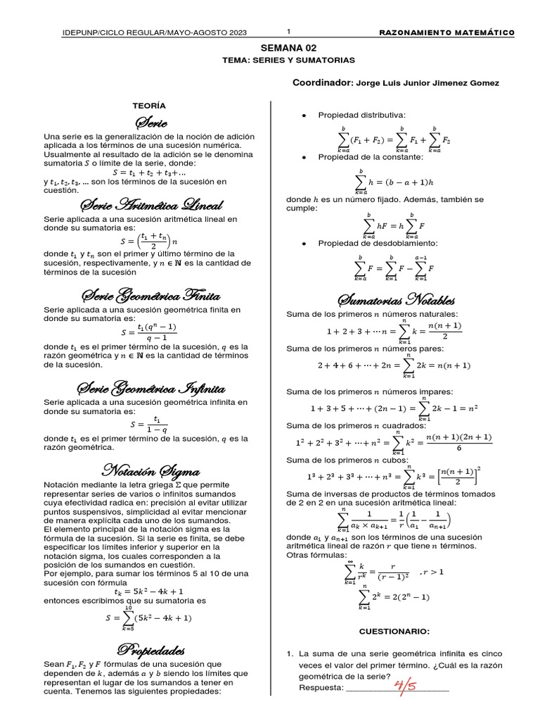 S2A RAZ MATEMÁTICO SERIES Y SUMATORIAS | PDF | Suma | Secuencia