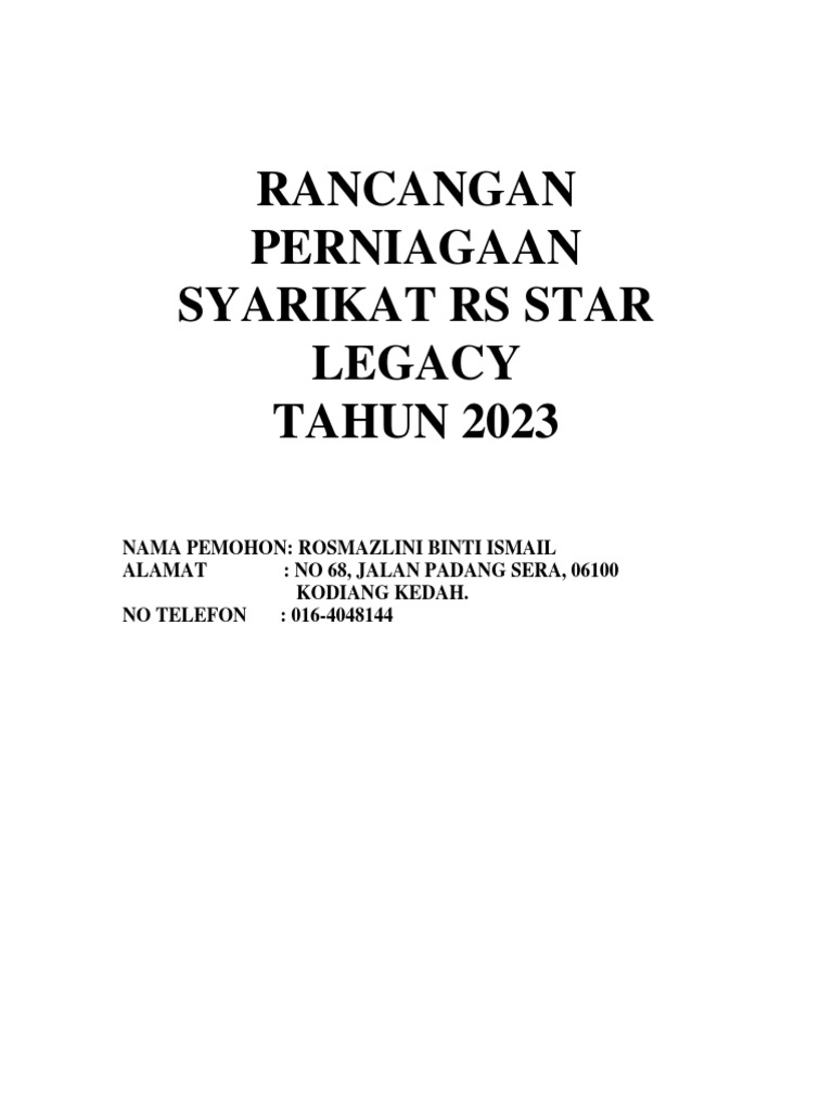 Rancangan Perniagaan Syarikat RS Star Legacy | PDF