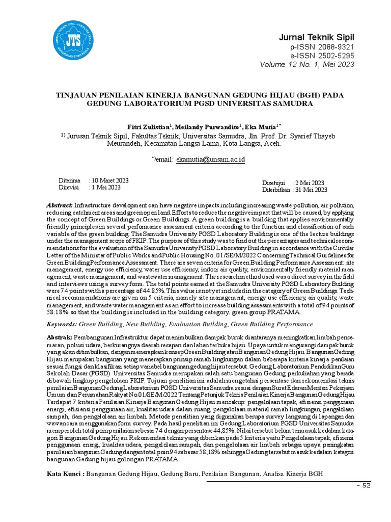 Tinjauan Penilaian Kinerja Bangunan Gedung Hijau (BGH) Pada Gedung Laboratorium PGSD Universitas ...