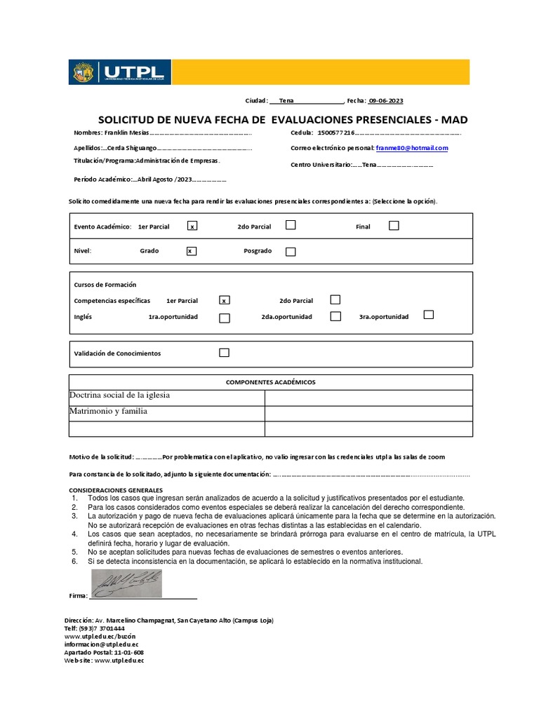 Solicitud Nueva Fecha de Evaluación - Franklin Cerda | PDF