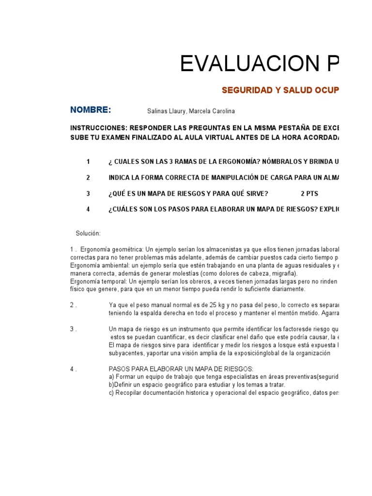 Examen Parcial de Seg y Salud | Descargar gratis PDF | Higiene Ocupacional | Factores humanos y ...