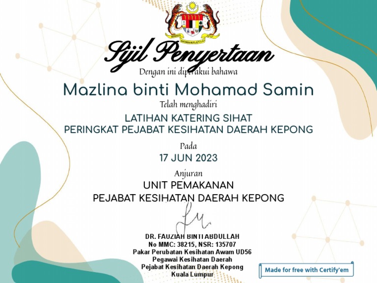 Certificate For Mazlina Binti Mohamad Samin For Certificate For Mazlina Binti Mohamad Samin For
