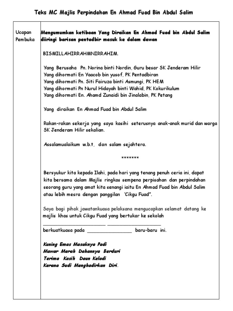 teks emcee majlis perpisahan | PDF