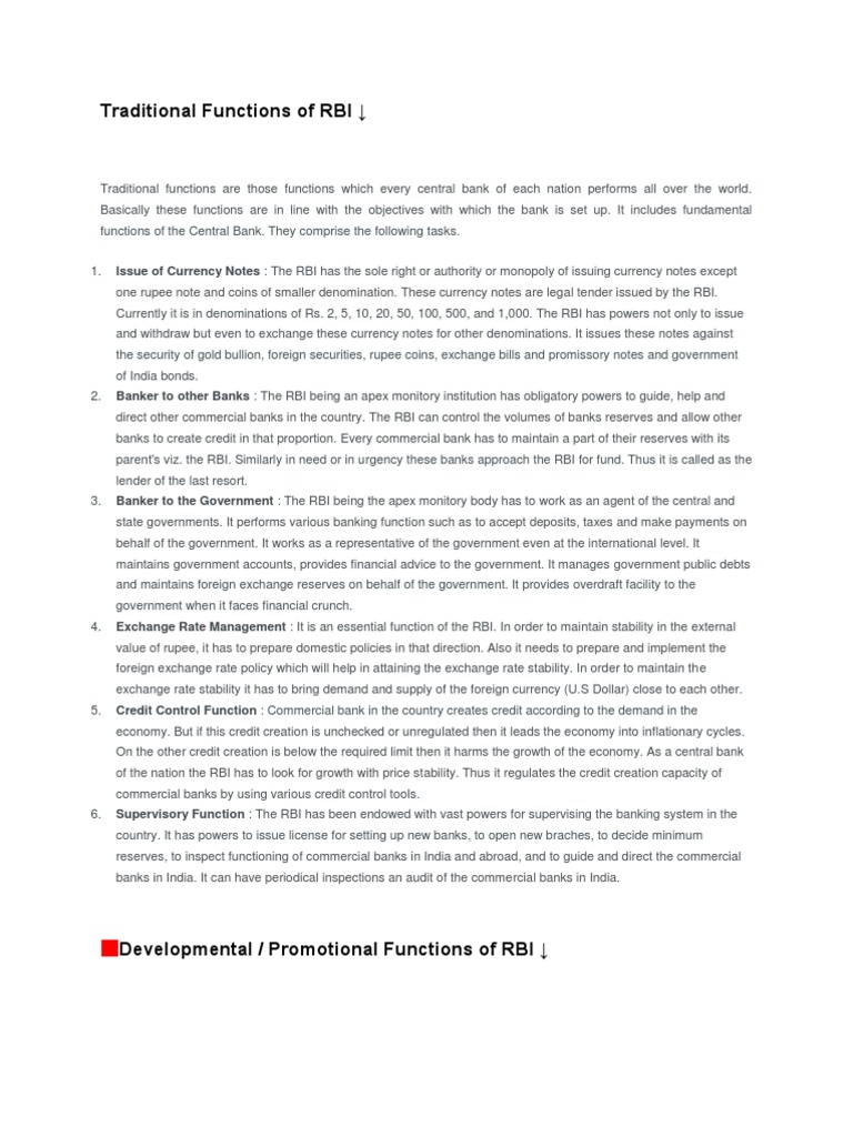 Traditional Functions of RBI | PDF | Reserve Bank Of India | Deposit ...