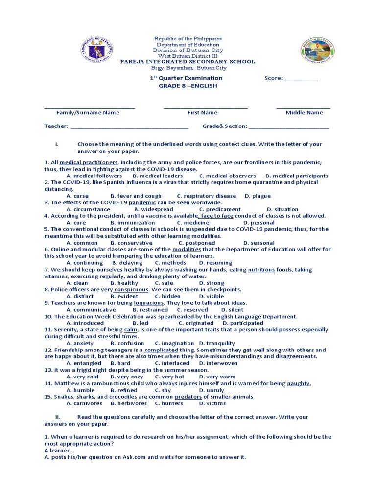 1st Quarter Exam-English 8 | PDF | Verb | Books