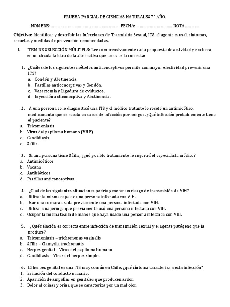 Prueba ITS 7° Junio | PDF | Infección transmitida sexualmente | Condón
