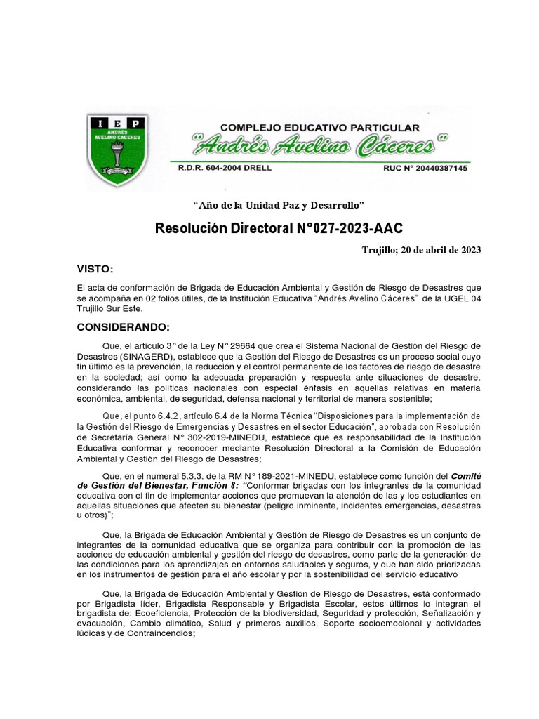Resolucion Directoral Reconocimiento de La Bigada de EA y GRD COLEGIO ...