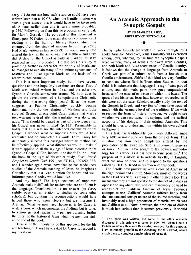 Maurice Casey (1999) - An Aramaic Approach To The Synoptic Gospels. The ...