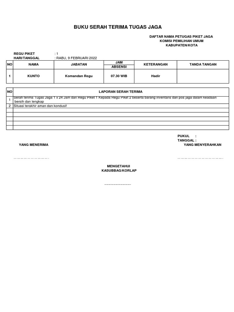 Format Buku Serah Terima Tugas Jaga Kabkota | PDF
