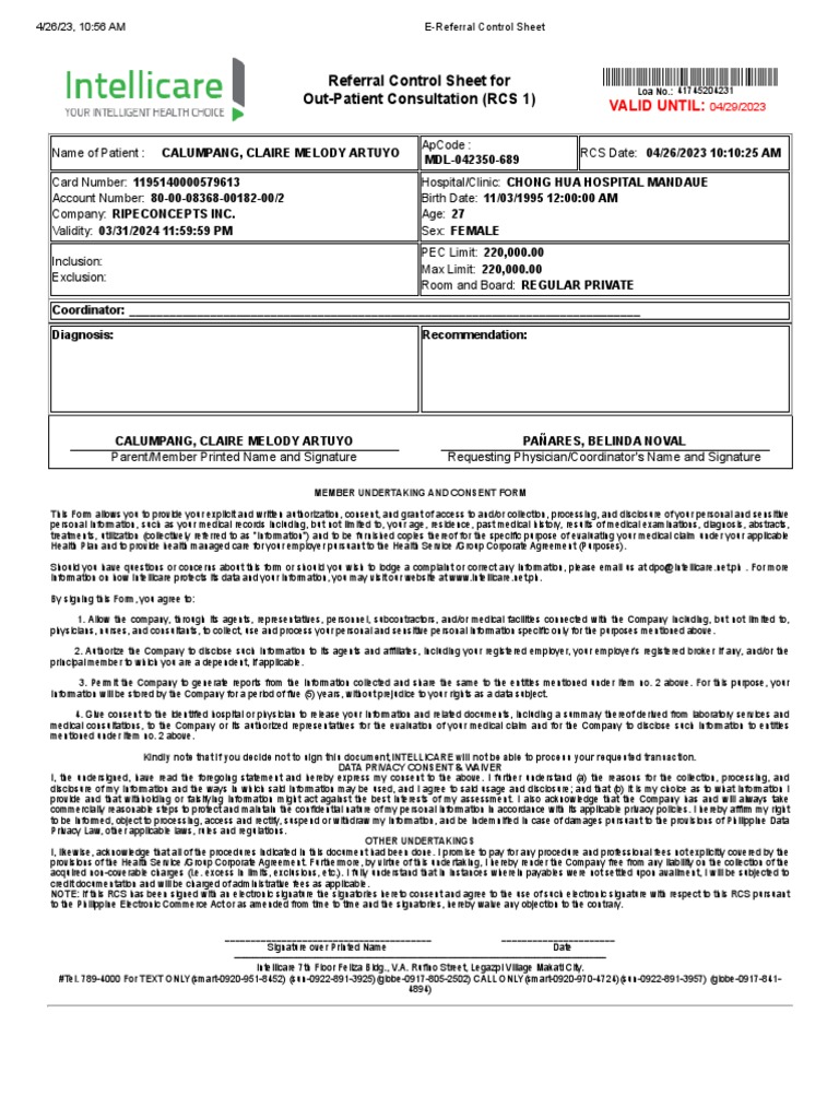 Referral Control Sheet For Out-Patient Consultation (RCS 1) : Valid Until | PDF | Medical Record ...