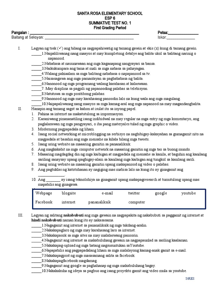 ESP 6 Summative Test Overview | PDF