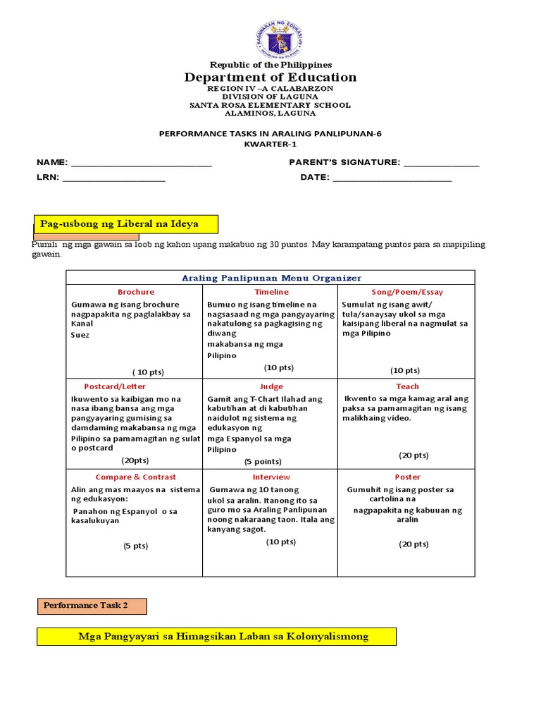 Performance Tasks - Aralpan 6 - Q1 Final | PDF
