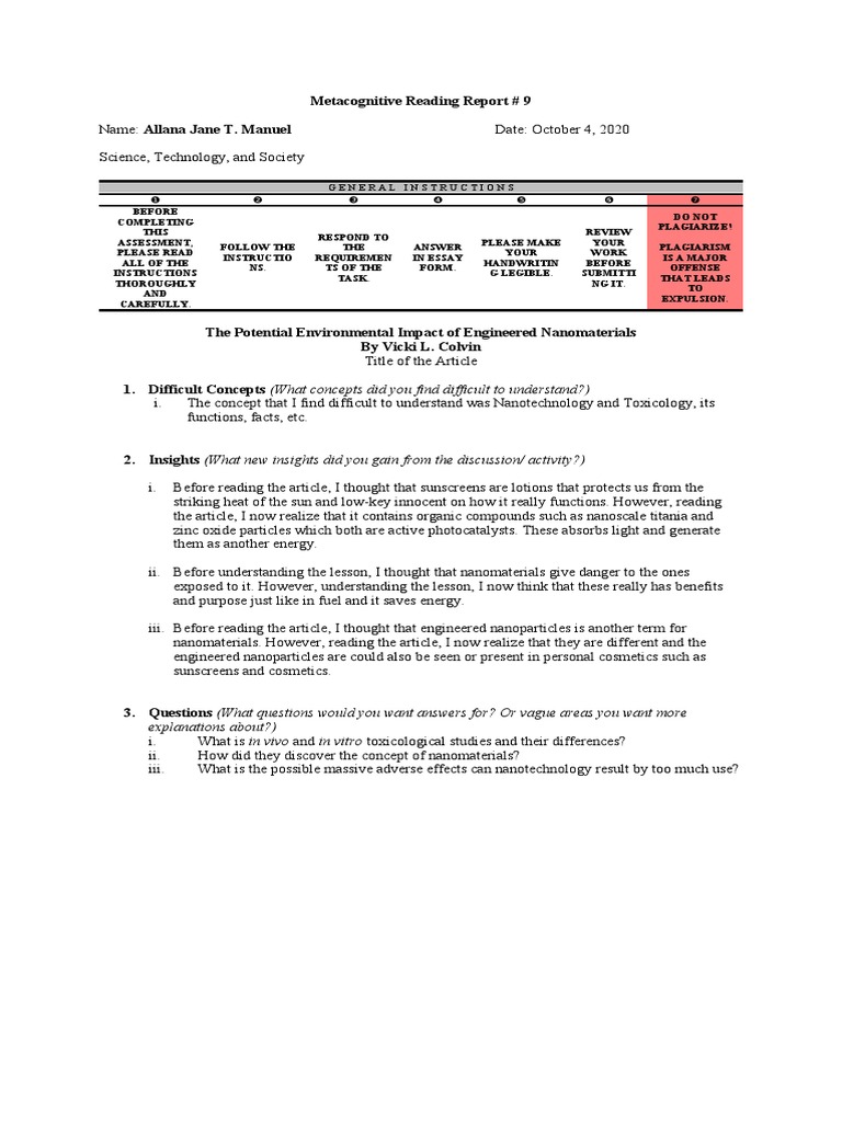 Metacognitive Reading Report Pdf Nanotechnology Nanomaterials 