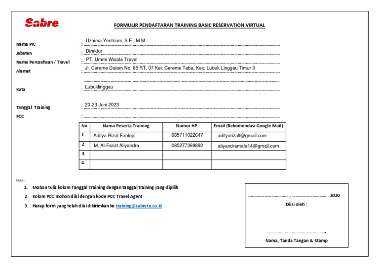 Cth. Formulir Pendaftaran Basic Reservation Virtual | PDF