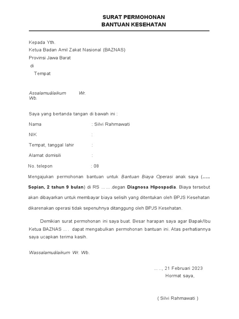 SURAT-PERMOHONAN-BANTUAN KESEHATAN -BAZNAS | PDF