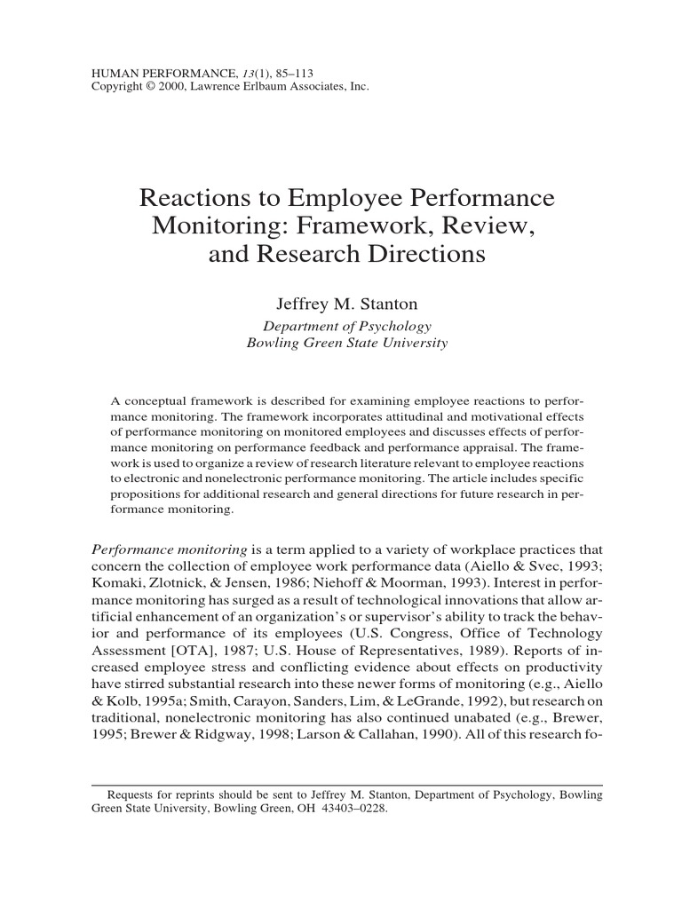 Reactions to Employee Performance Monitoring- Framework, Review, and ...