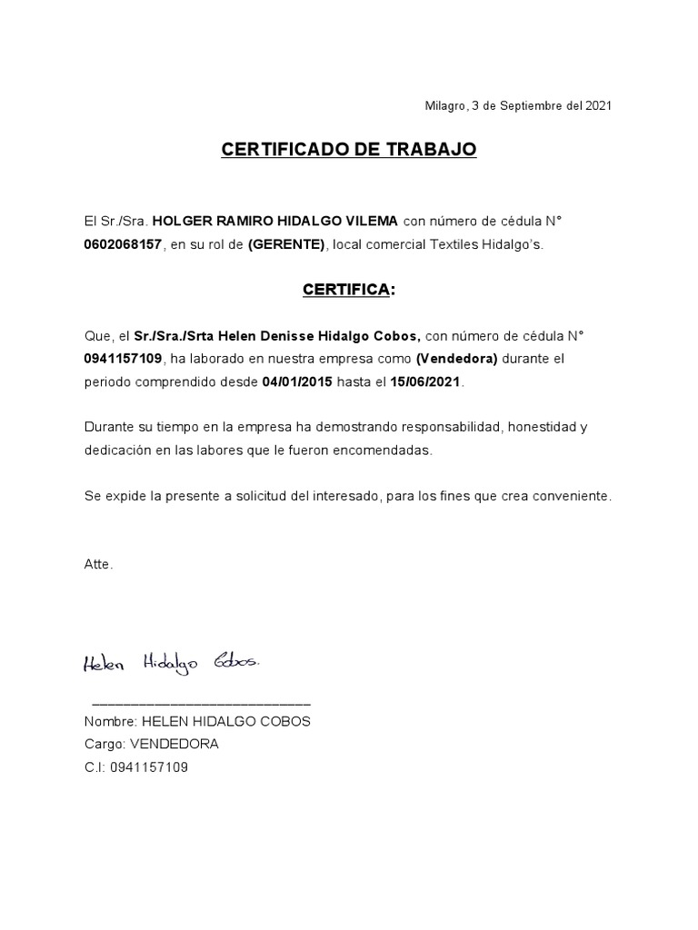 Modelo Certificado Trabajo Laboral Forosecuador | PDF