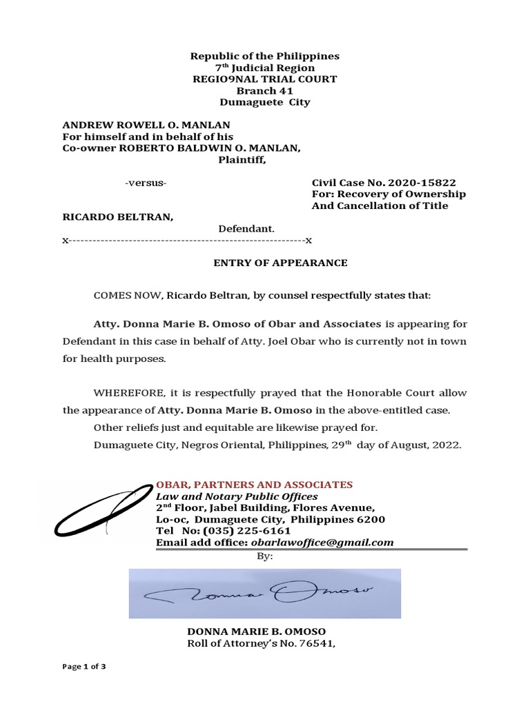 Beltran - Entry of Appearance | PDF | Public Law | Common Law