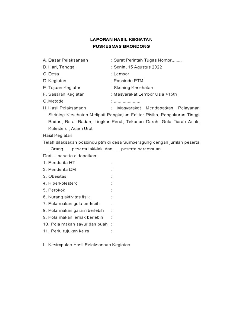 CONTOH LAPORAN HASIL KEGIATAN POSBINDU PTM | PDF