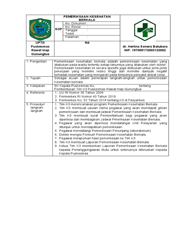 Sop Pemeriksaan Kesehatan Berkala | PDF