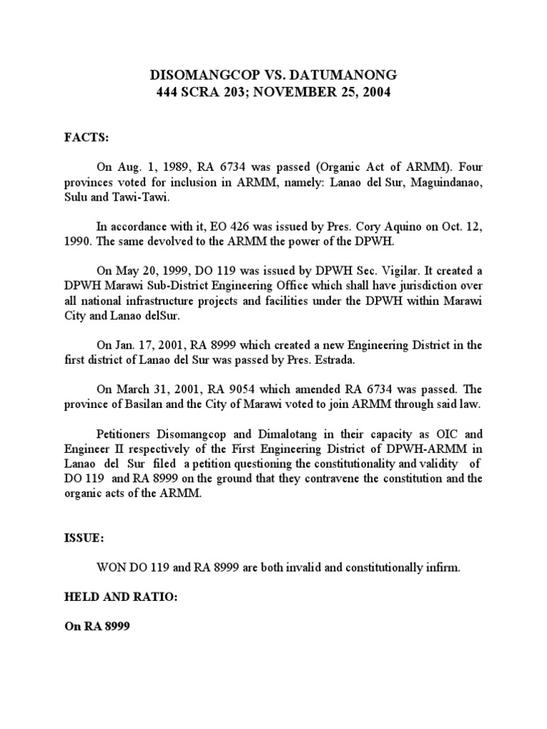 Disomangcop VS Datumanong Case Digest | PDF | Legal Documents | Justice
