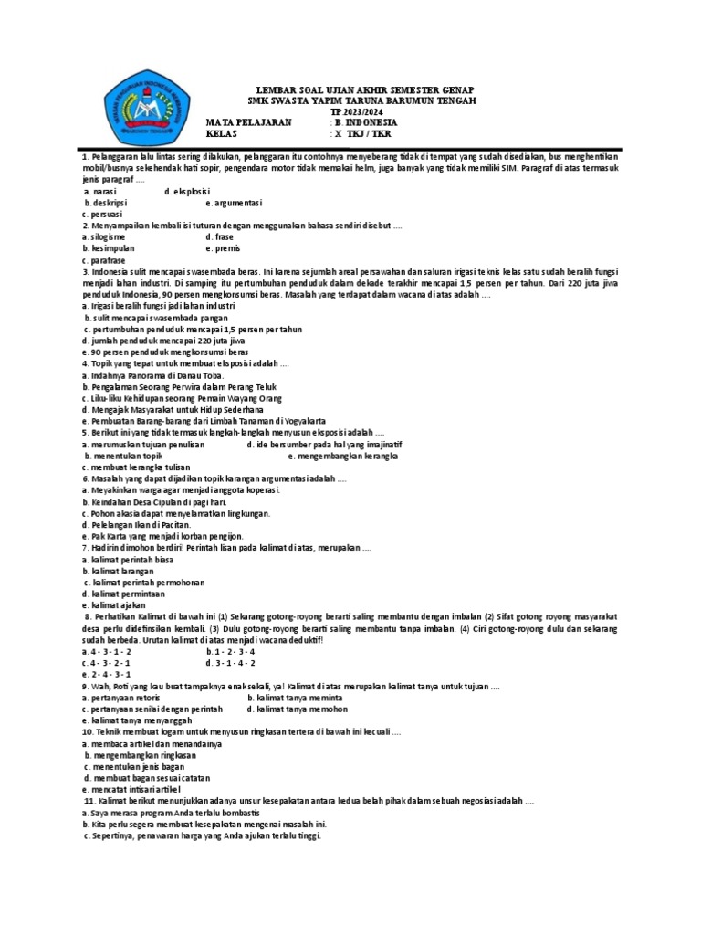 Lembar Soal Ujian Akhir Semester Genap SMK Swasta Yapim Taruna Barumun Tengah TP.2023/2024 Mata ...