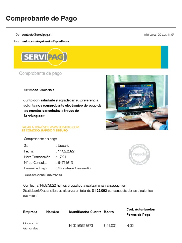 Comprobante de Pago Servipag 14/02/2022 | PDF