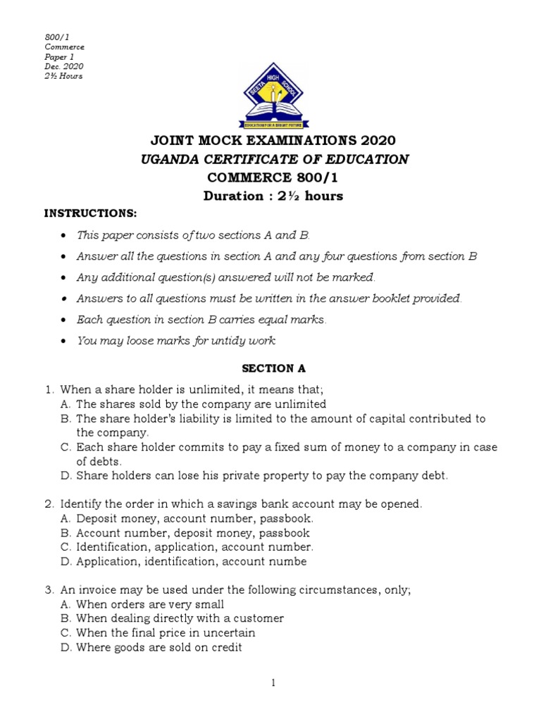 Joint Mock Examinations 2020 Uganda Certificate of Education S.4 ...