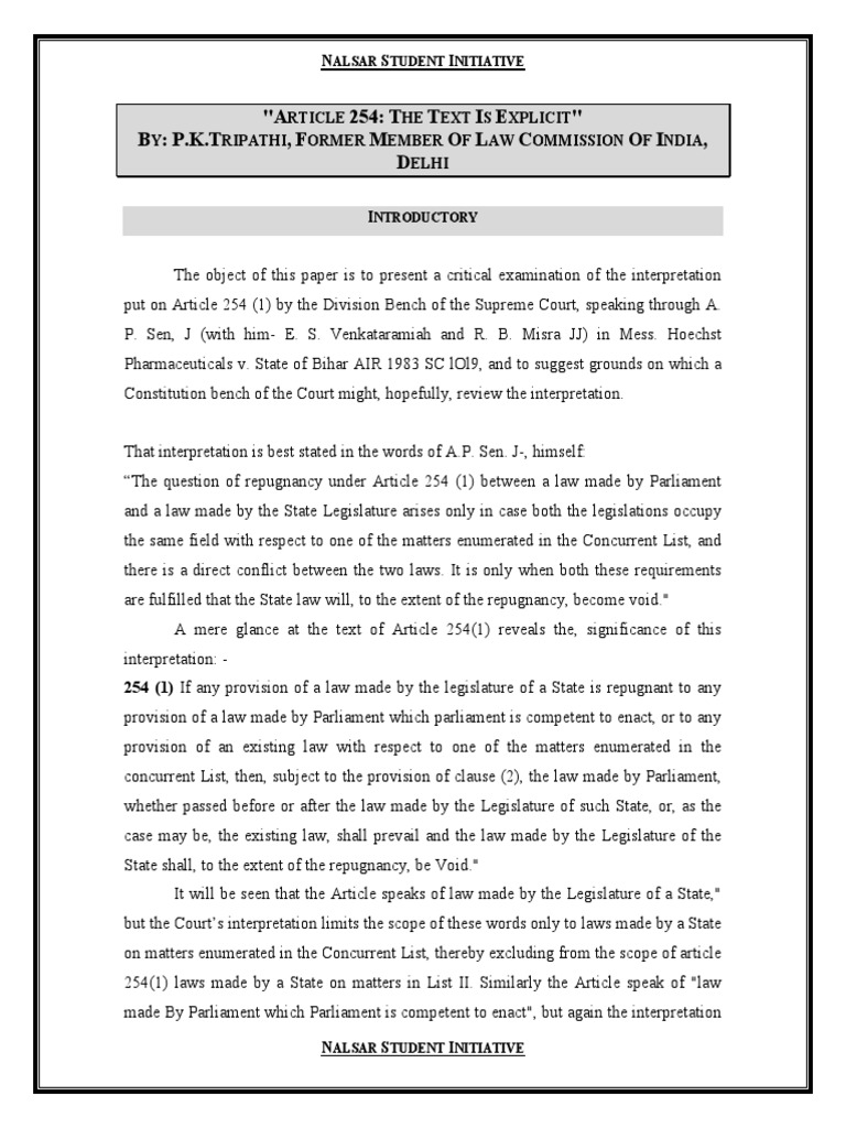 P K Tripathi-Art 254 The Text Is Explicit | PDF | Government | Common Law