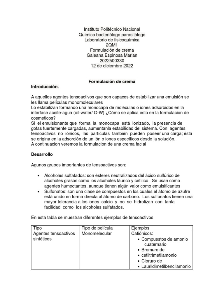 Formulacion de Crema | PDF | Tensioactivo | Ácido