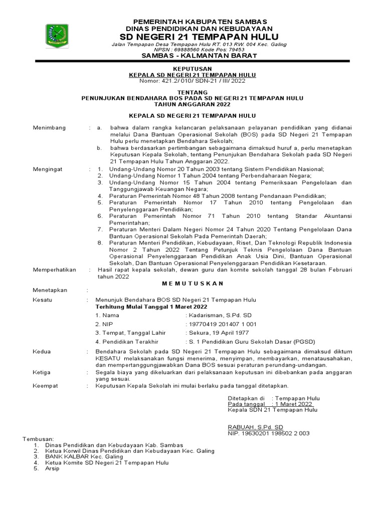 (Panduanmengajar - Com) - Contoh SK Bendahara Sekolah SD 2022 | PDF