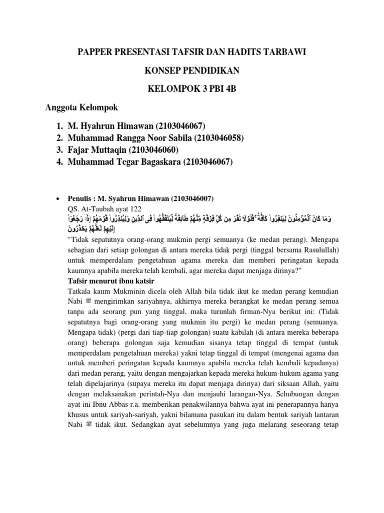Paper Tafsir Hadits Tarbawi | PDF
