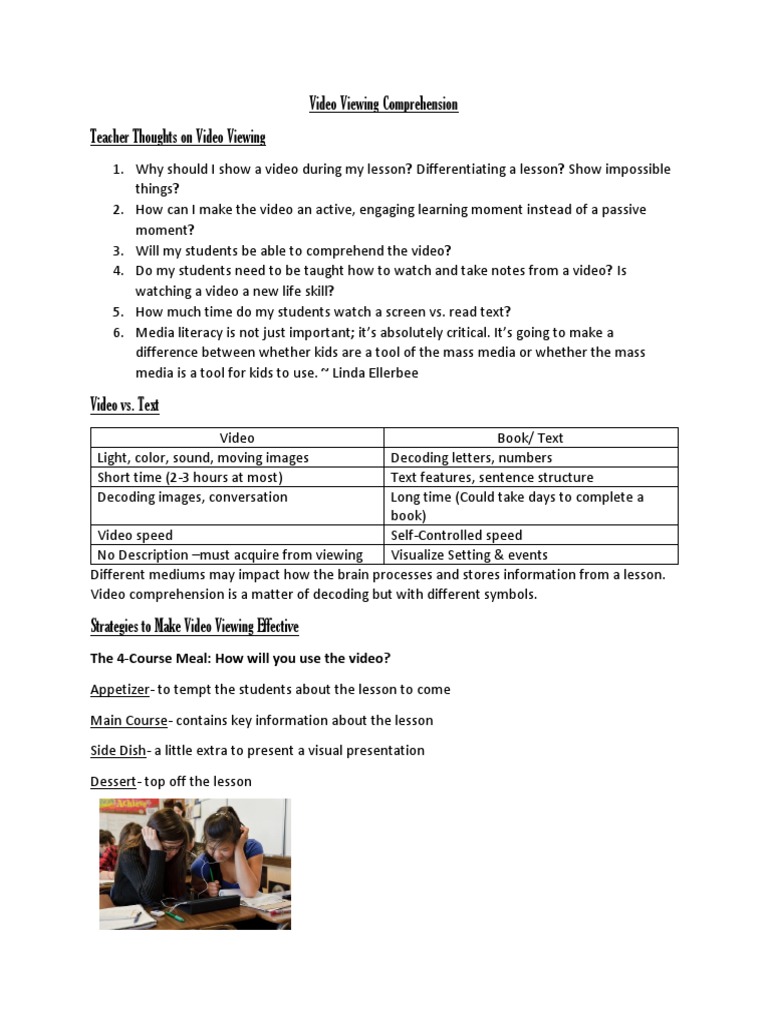 Video Viewing Comprehension Strategies | PDF | Reading Comprehension ...
