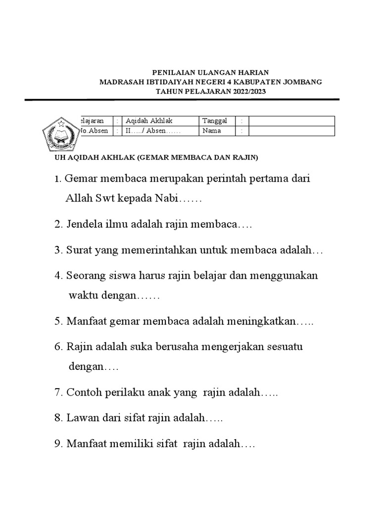 Soal Aqidah Gemar Membaca | PDF
