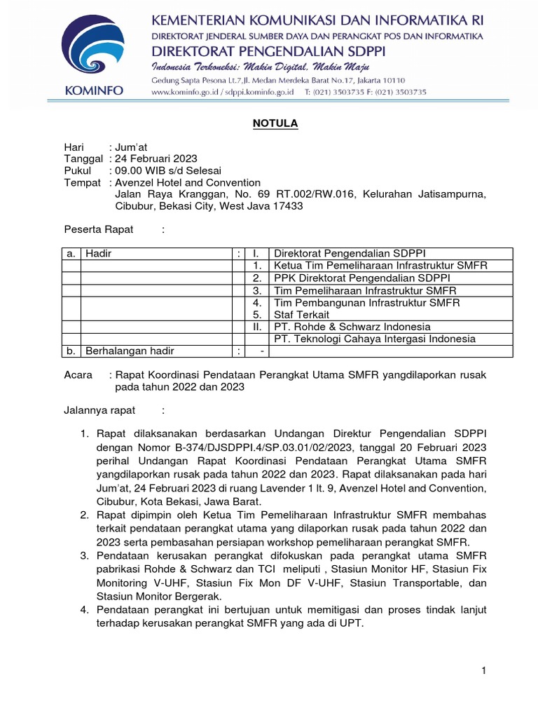 Rapat Koordinasi Pemeliharaan SMFR | PDF