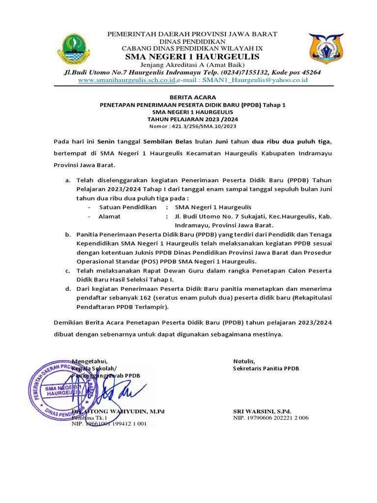 Berita Acara Penetapan Hasil Seleksi PPDB Tahap 1 SMAN 1 Haurgeulis | PDF