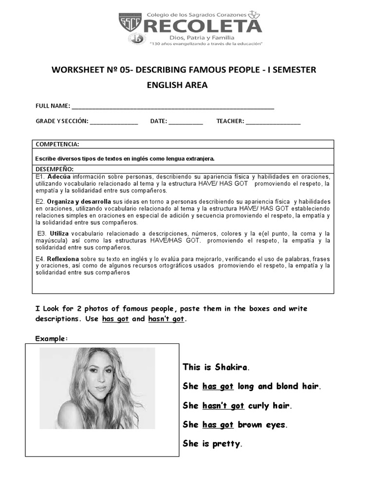 Worksheet No 05 - Describing Famous People - I Semester 2 | PDF ...