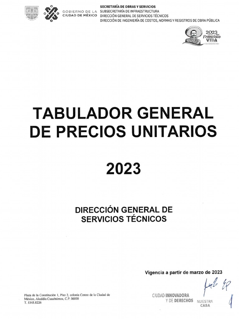 Notas Tabulador General de Precios Unitarios Edicion 2023 | PDF