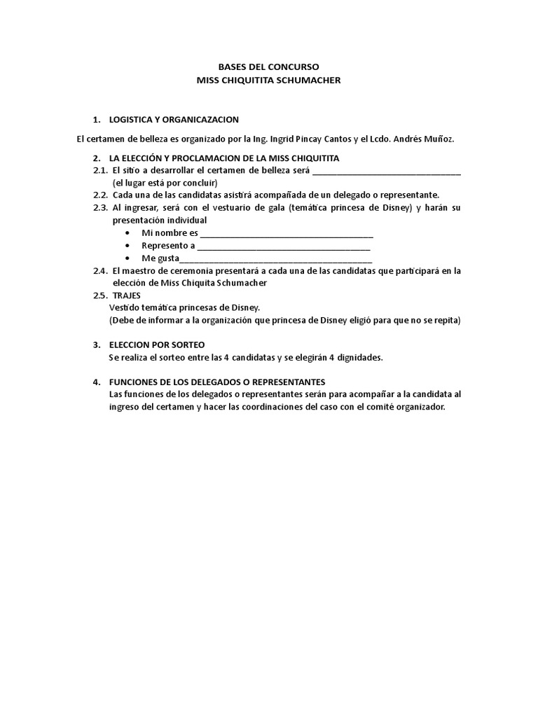 Bases Del Concurso Miss Chiquititas | PDF