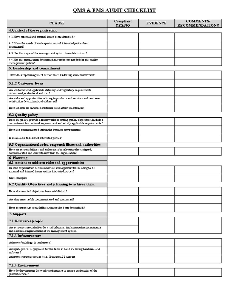 QMS, EMS Checklist | PDF | Quality Management System | Audit
